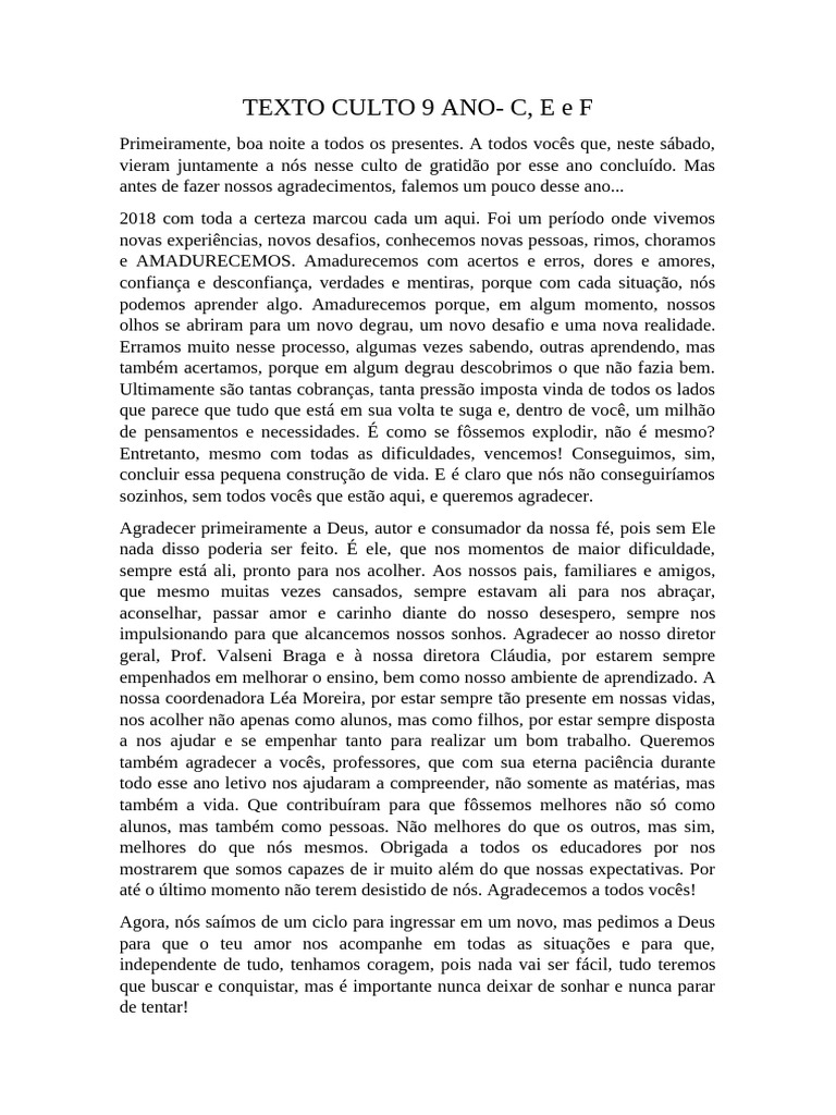 TEXTO CULTO 9 ANO | PDF | Amor