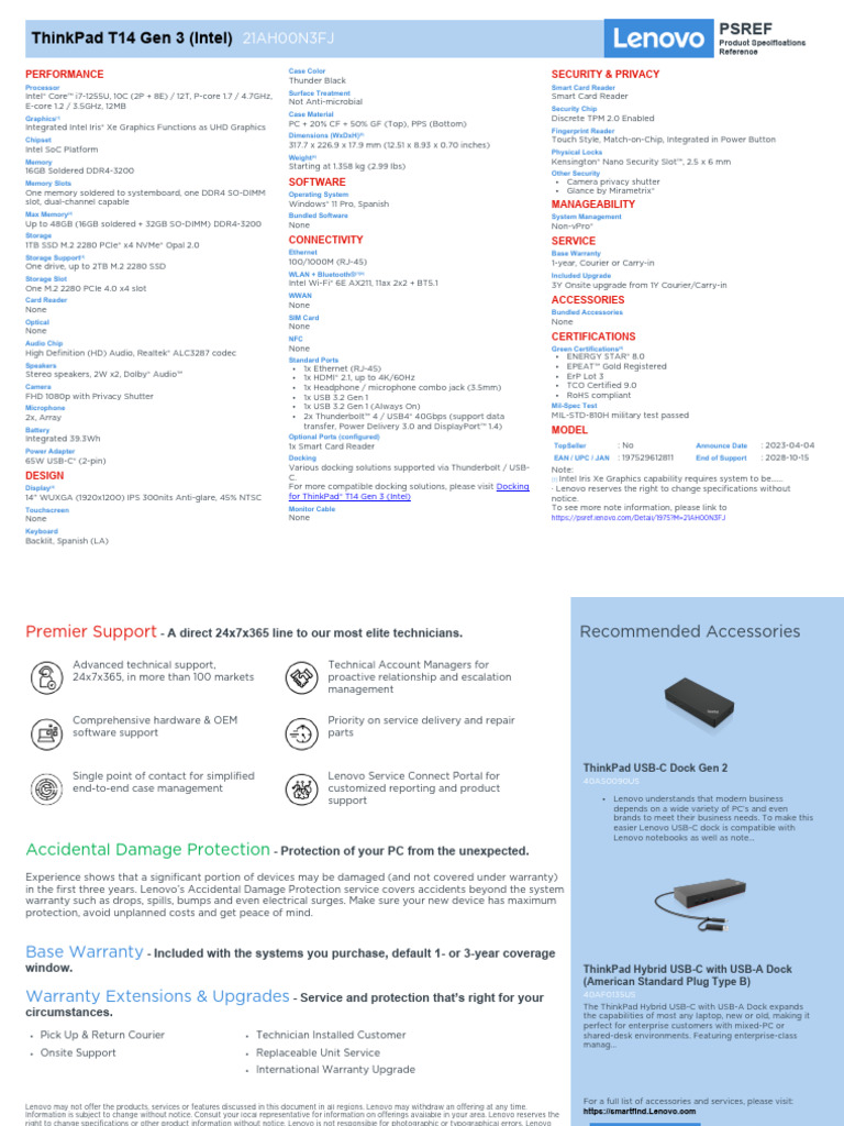 ThinkPad T14 Gen 3 Intel 21AH00N3FJ | PDF | Usb | Computer Hardware