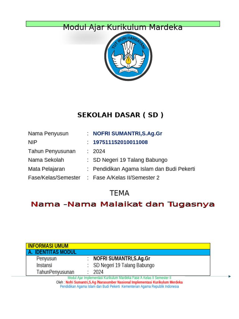 Modul Ajar Nama - Nama Malaikat Beserta Tugasnya | PDF