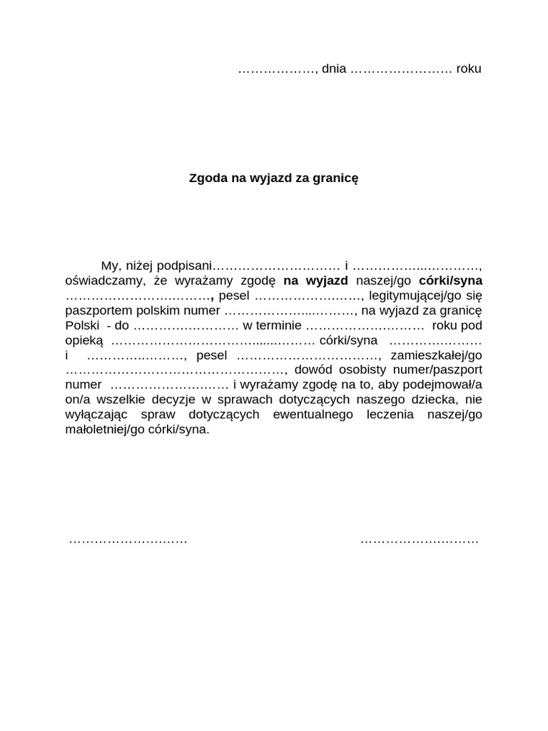 WZÓR Zgoda Na Wyjazd Dziecka Za Granicę | PDF