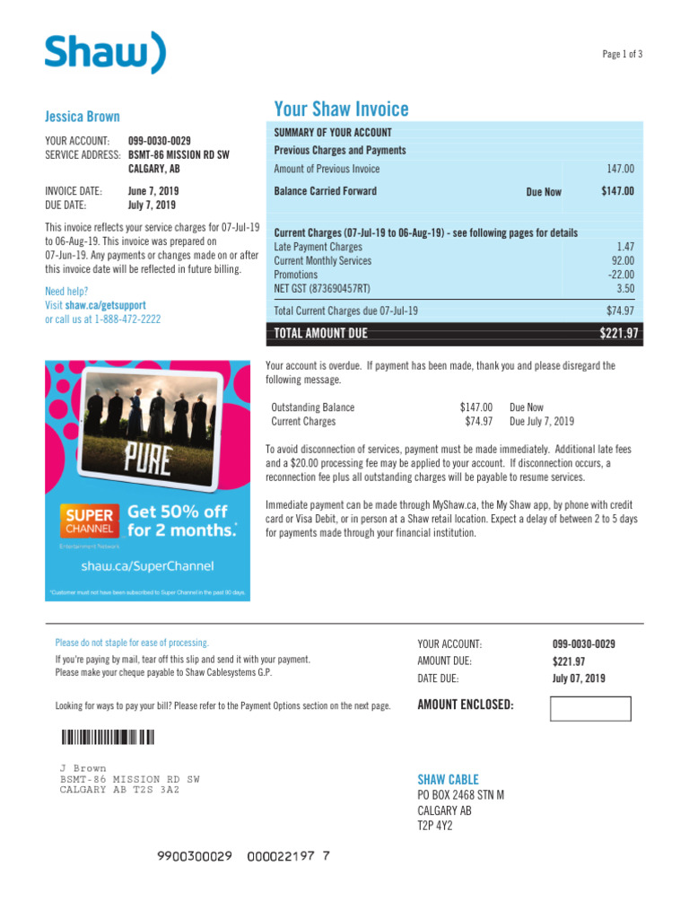 Shaw Invoice for Calgary Account | PDF | Visa Inc. | Payments