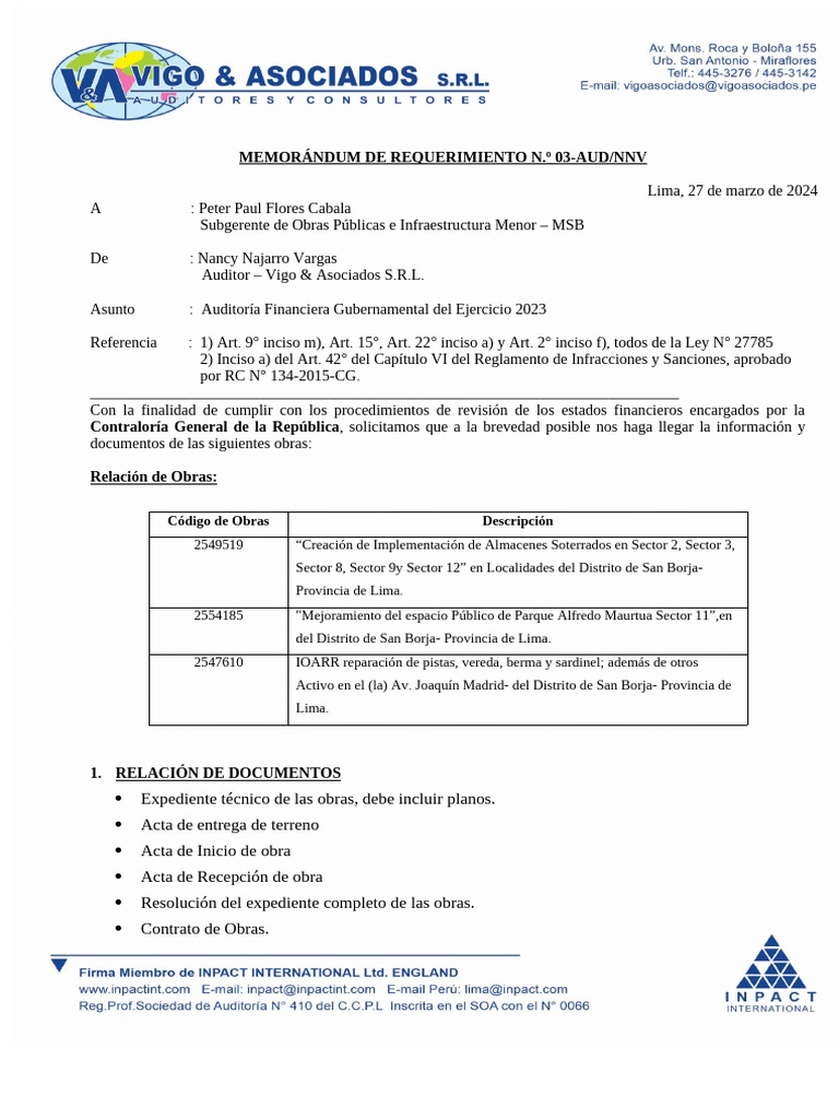 Memorándum de Requerimiento #003-AUD-MSB-ING - CIVIL. | PDF