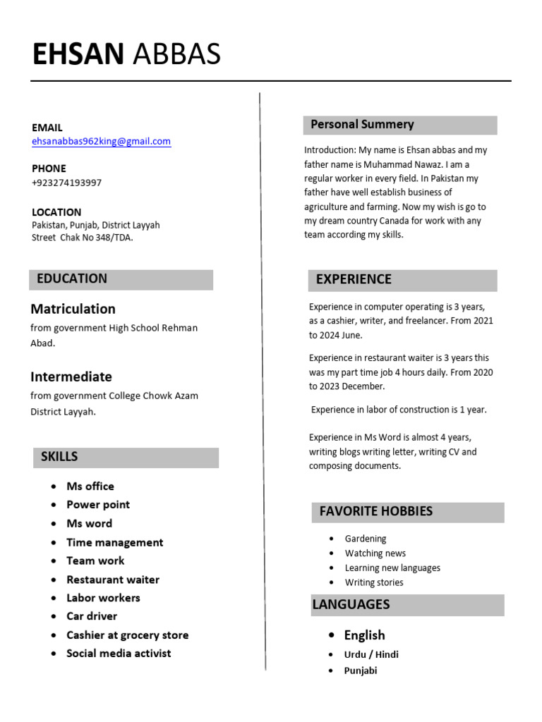 Ehsan Abbas: Skills & Experience Overview | PDF
