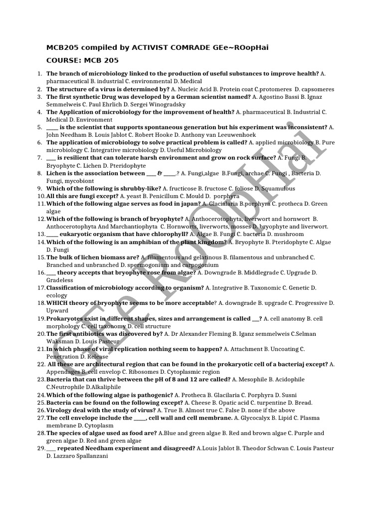 MCB205 COMPILED Test QUESTIONS by Activist Comrade GEe RoOpHAI | PDF ...