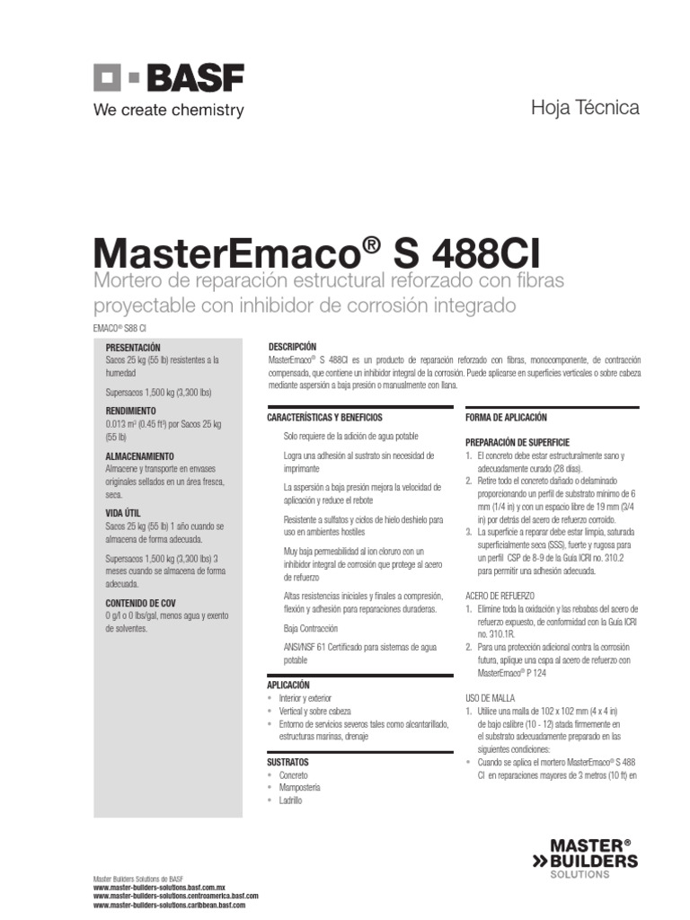 Basf MasterEmaco S 488 CI Tds | PDF | Hormigón | Agua