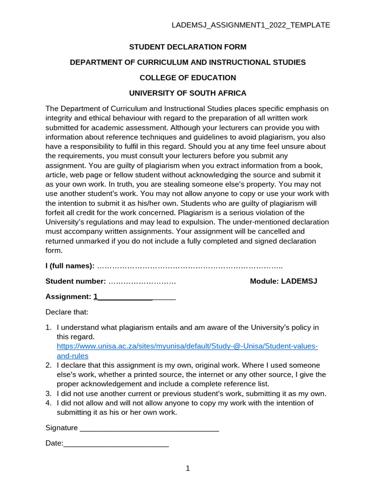 Lademsj Assignment 1 Template | PDF | Plagiarism | Teaching Method