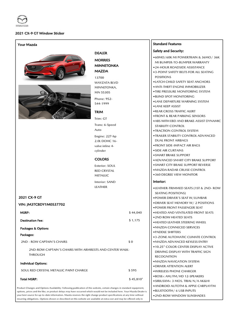 2021 Mazda CX-9 GT Window Sticker | PDF | Private Transport | Front ...
