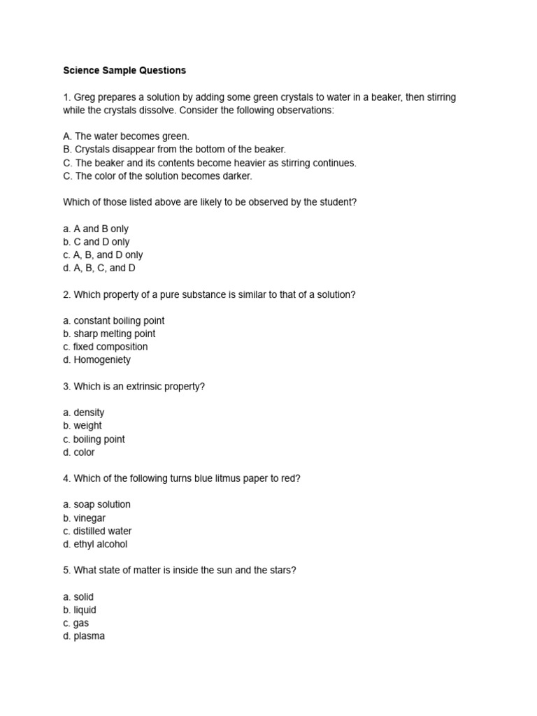 Science Sample Questions | PDF | Chemical Reactions | Mixture