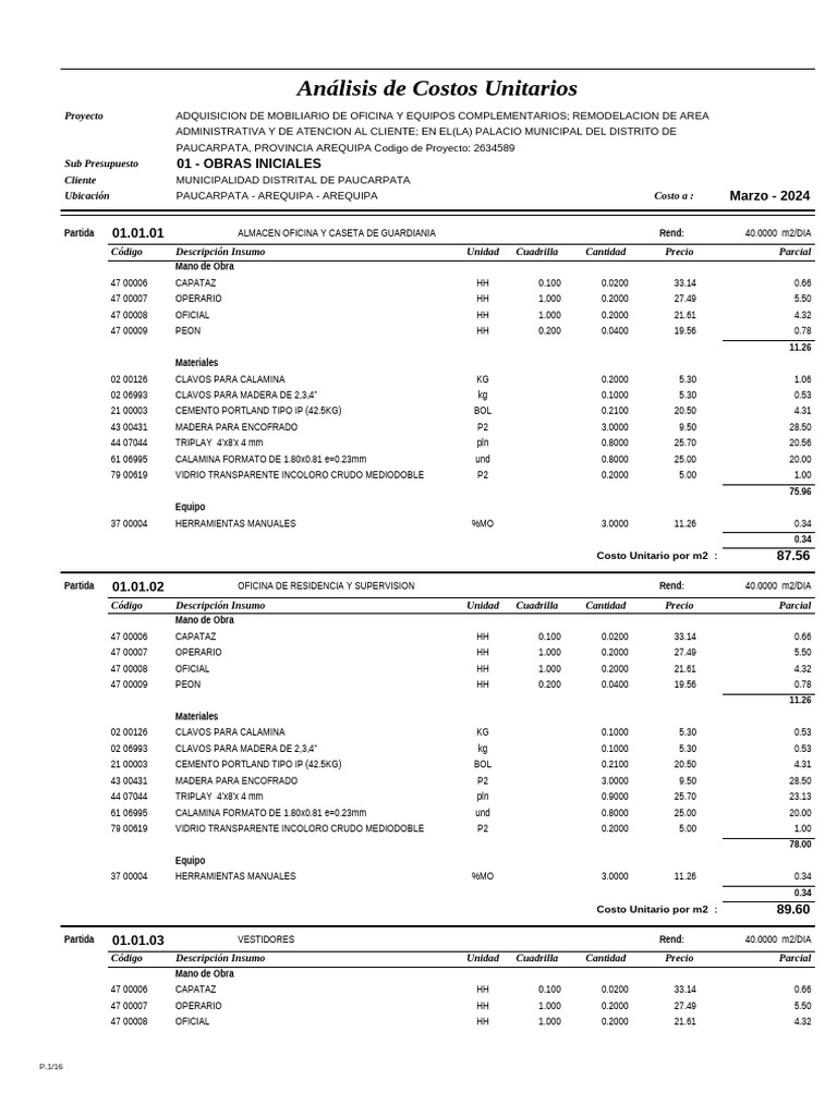 03.01 Analisis de Costos Unitarios OBRAS INICIALES | PDF