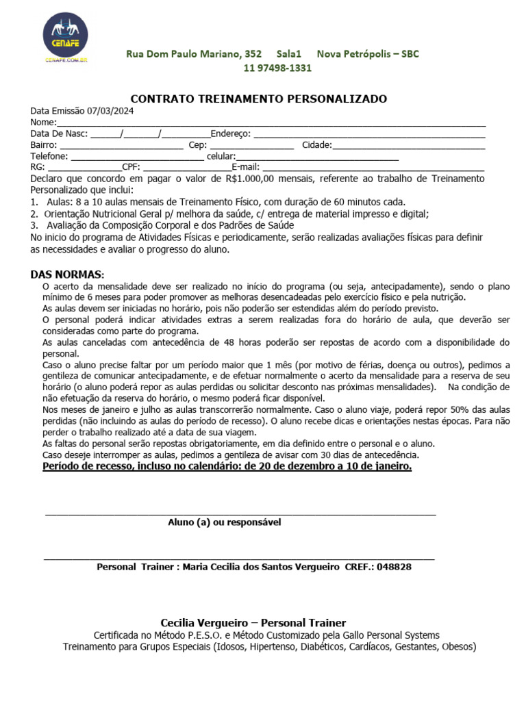 Contrato Personal Trainer 2024 | PDF | Negócios