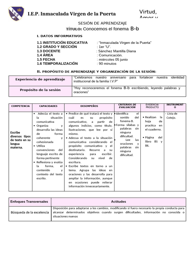 Sesion de Aprendizaje - Fonema B | PDF | Aprendizaje | Lingüística