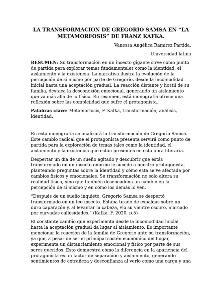 La Transformación de Gregorio Samsa en "La Metamorfosis" de Franz Kafka. | PDF | La metamorfosis ...