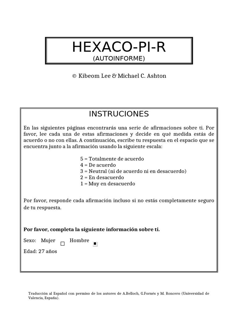 Cuestionario Autoinforme HEXACO-PI-R | PDF | Artes del Lenguaje y ...