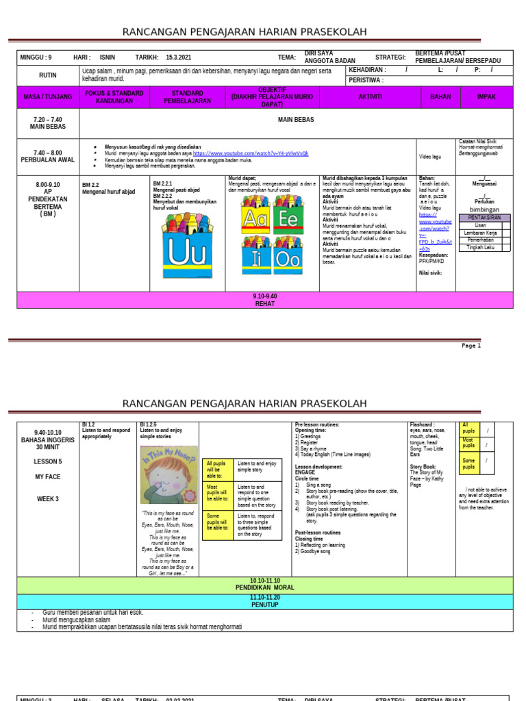 Rancangan Pengajaran Harian Prasekolah | PDF