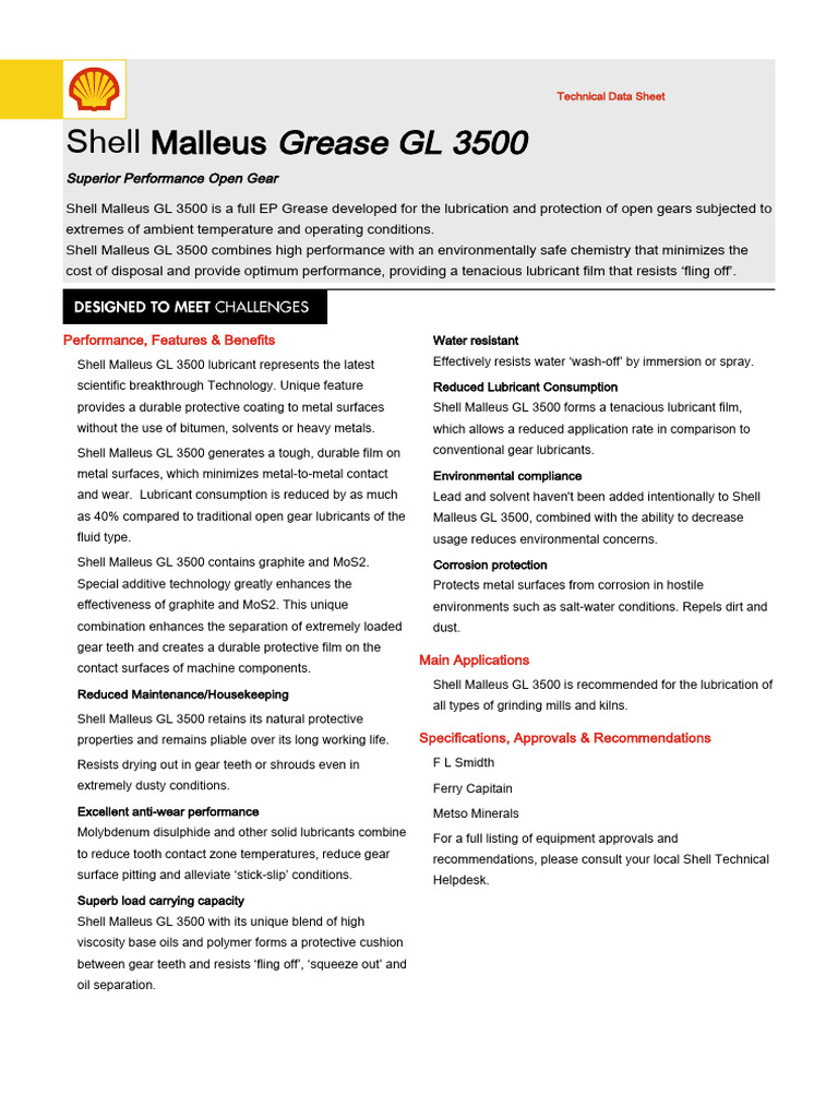 Shell Malleus Grease GL 3500: Performance, Features & Benefits | PDF ...