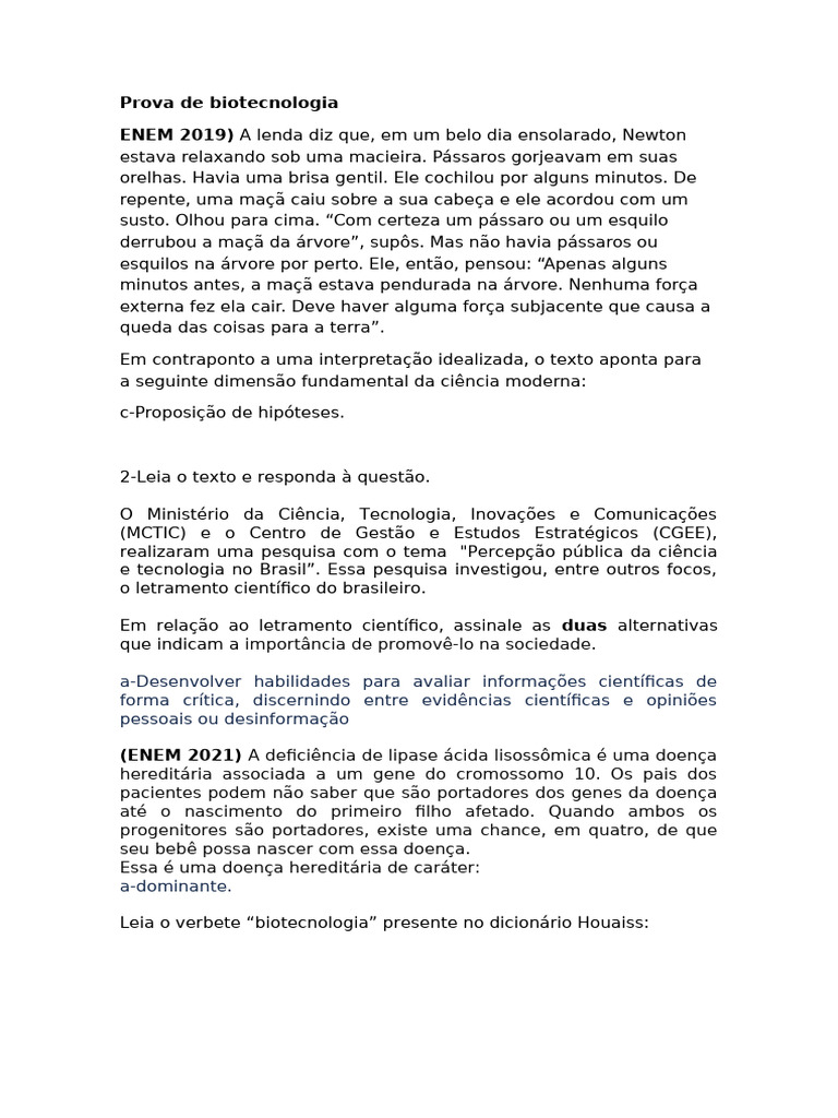 Prova de Biotecnologia | PDF | Science | Biotecnologia