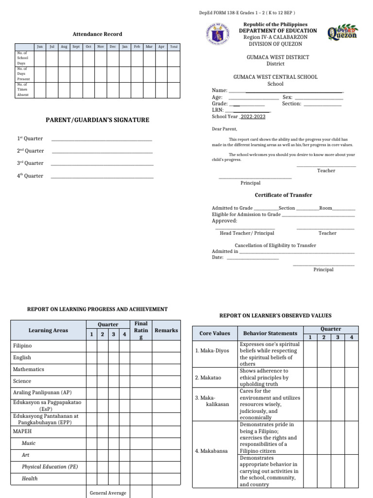 SF 9 - ES (Learner's Progress Report Card) | PDF | Learning SF 9 - ES (Learner's Progress Report Card) | PDF | Learning