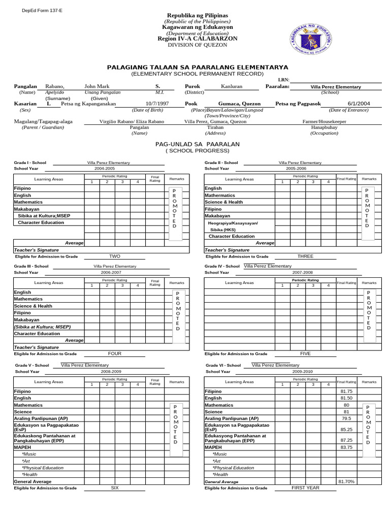 DepEd Form 137-E | PDF