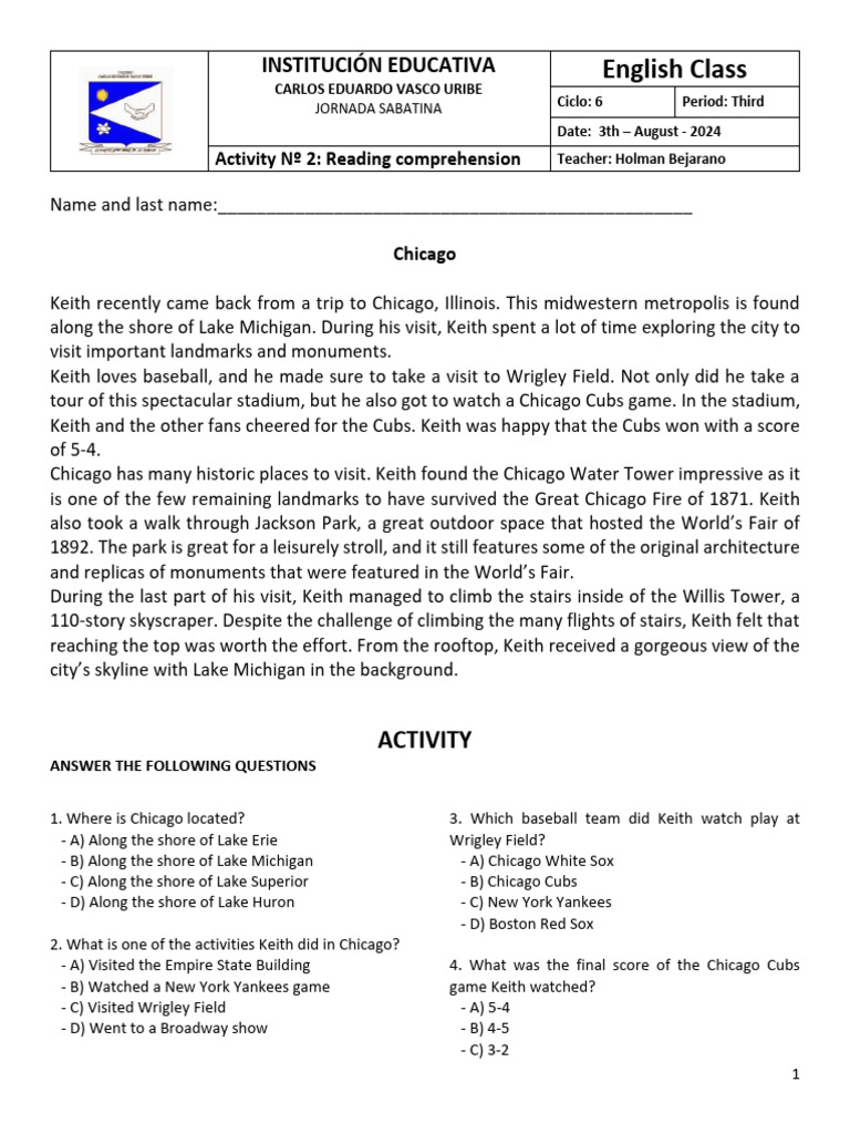 Actividad Nº2 - Reading Compreheson Chicago - Ciclo 6 | PDF | Chicago ...