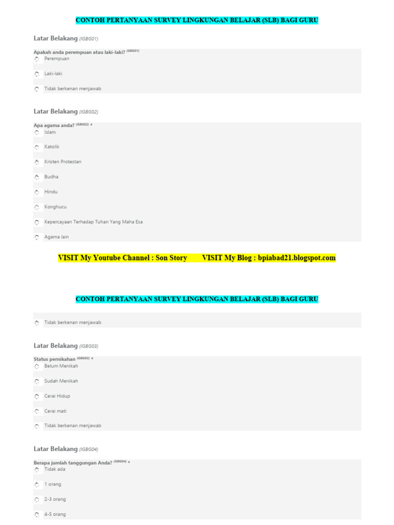 CONTOH PERTANYAAN SURVEY LINGKUNGAN BELAJAR BAGI GURU | PDF