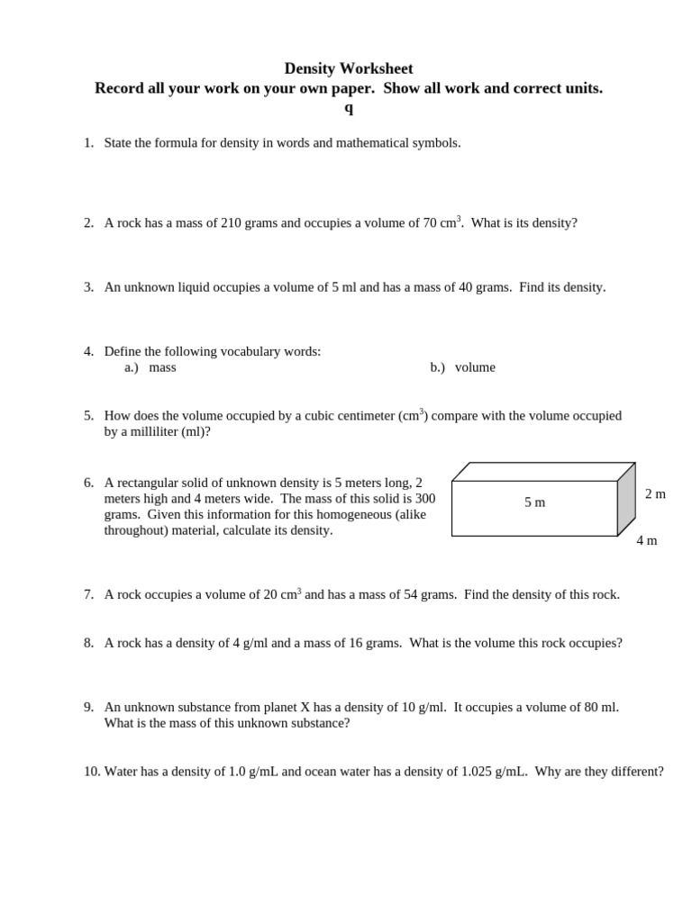 Density Worksheet | PDF | Density | Litre