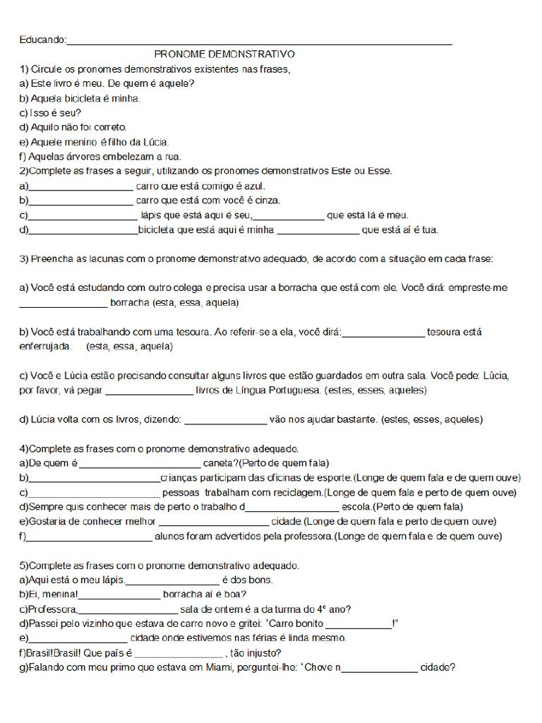 Atividade Pronomes Demonstrativos | PDF