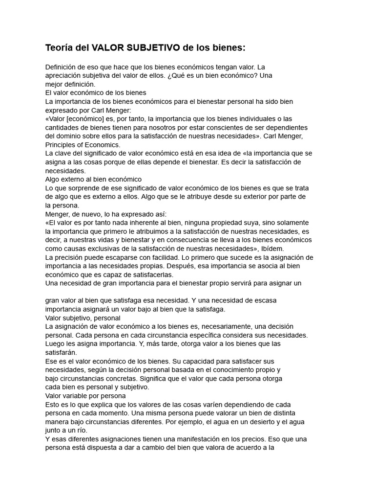Teoría Del VALOR SUBJETIVO de Los Bienes | PDF | Bienes | Valor añadido Teoría Del VALOR SUBJETIVO de Los Bienes | PDF | Bienes | Valor añadido