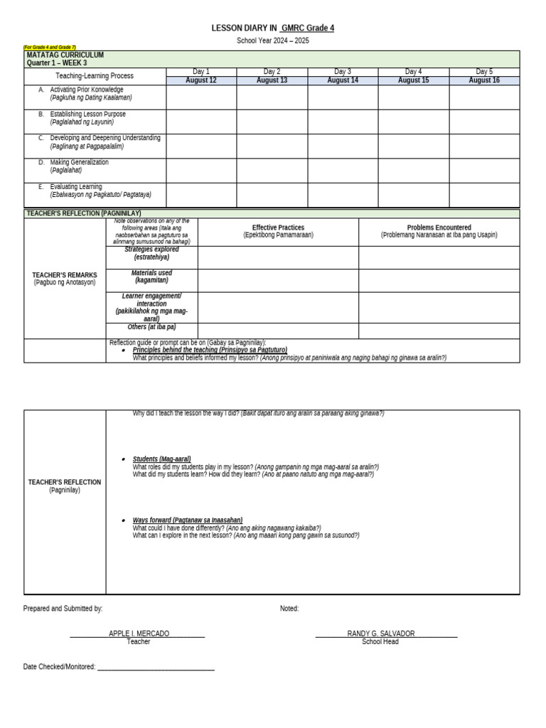 Matatag Lesson Diary Gr47q1w1 | PDF