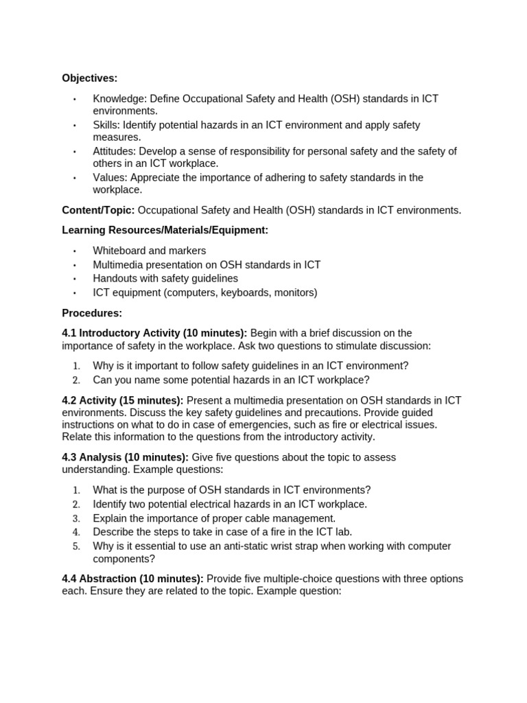 Occupational Safety and Health (OSH) Standards in ICT Environments ...