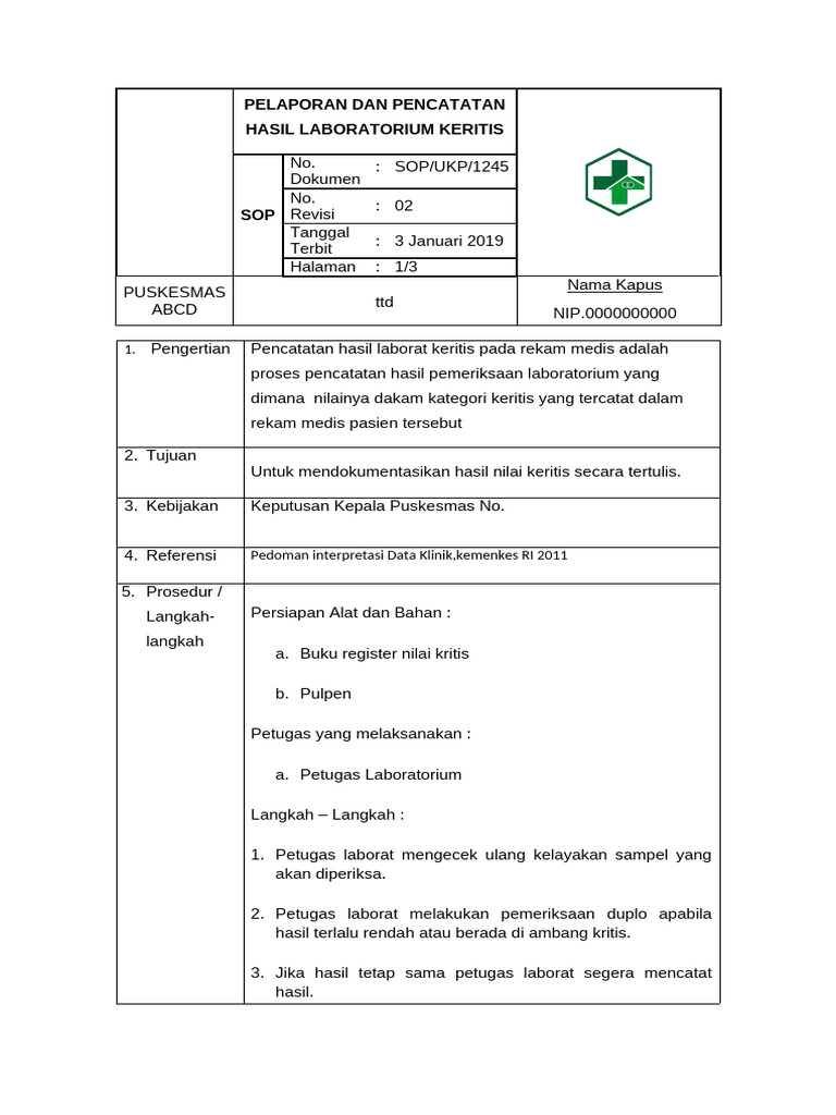 SOP Pencatatan Hasil Laboratorium Kritis | PDF