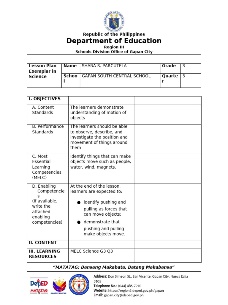 LP EXEMPLAR IN SCIENCE 3 Q3-Week1 | PDF | Force | Magnet