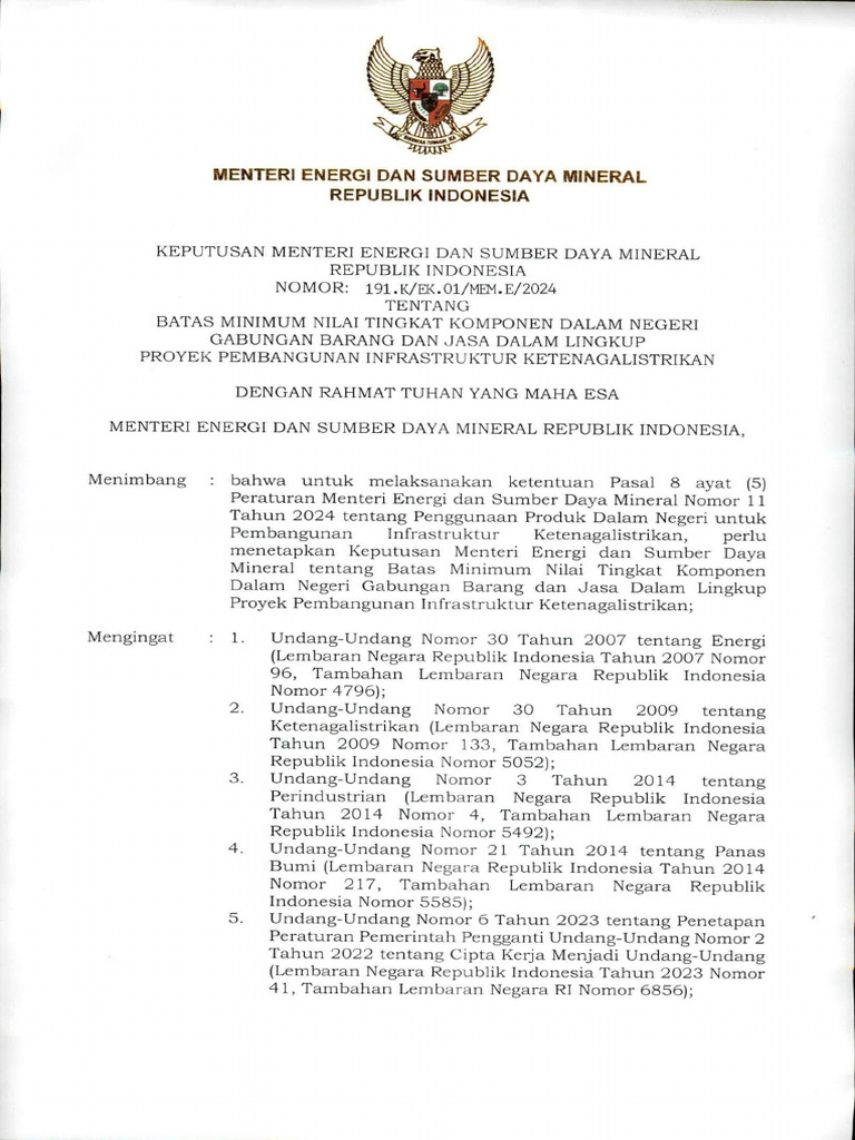 Kepmen ESDM No. 191.K.EK.01.MEM.E.2024 - Salinan Sesuai Dengan Aslinya ...