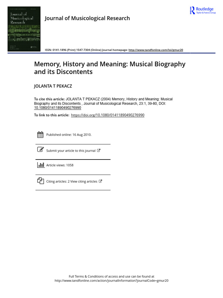 Memory, History and Meaning-Musical Biography and its Discontents | PDF ...