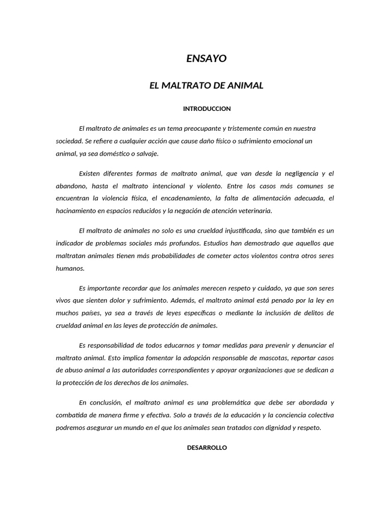 ENSAYO DE MALTRATO AL ANIMAL | PDF | Abuso infantil | La violencia ...