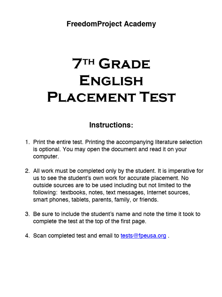 2020-2021 7th Grade English Placement Test | PDF | Adverb | Preposition ...