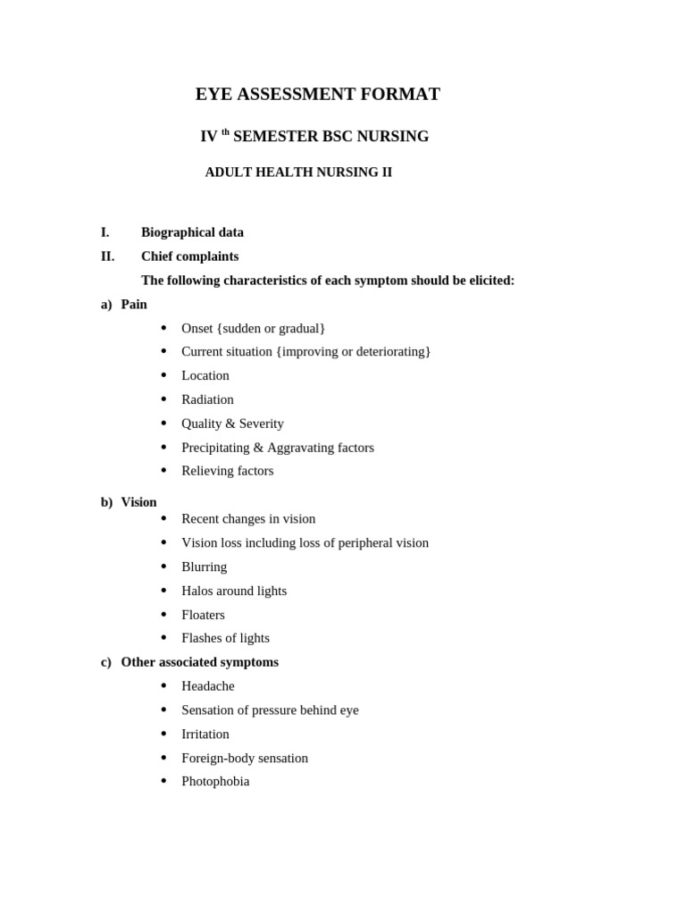 Eye Assessment Format for Nursing Students | PDF | Ophthalmology ...