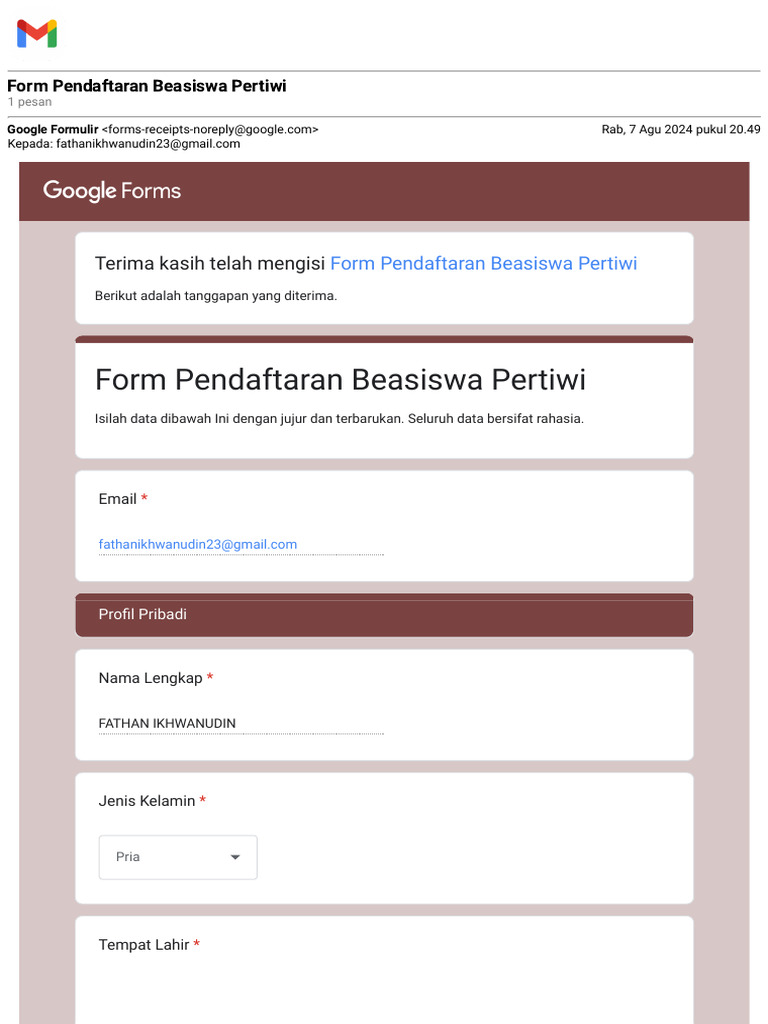 Gmail - Form Pendaftaran Beasiswa Pertiwi | PDF