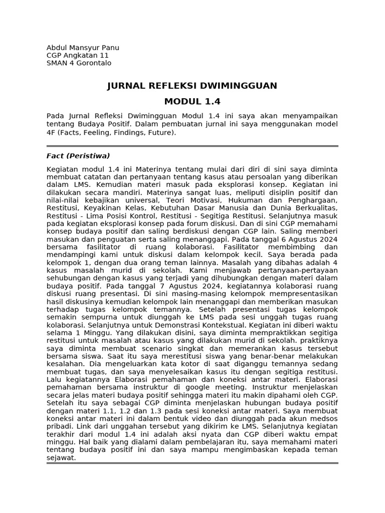 Jurnal Refleksi Dwimingguan Modul 1.4 | PDF