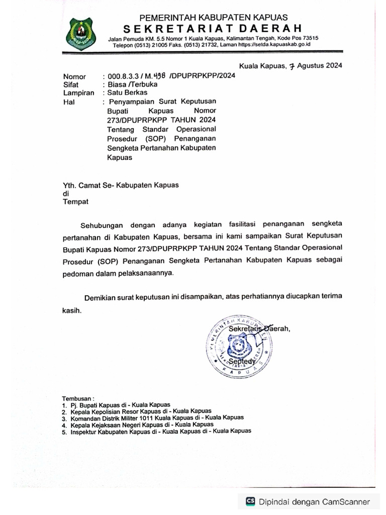 Surat Sekda Penyampaian SK. Bup Kps SOP Pen. Sengketa 070824 | PDF