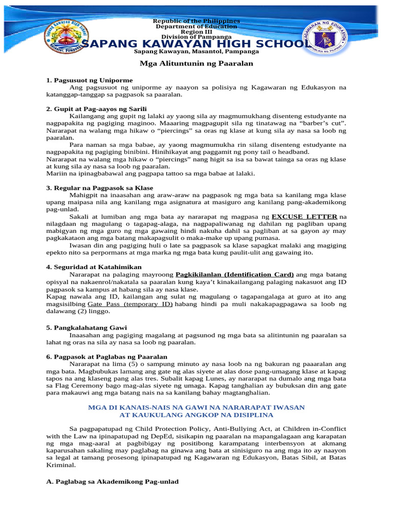 Kasunduan NG Magulang at Paaralan Sa Mga Alituntunin NG Paaralan | PDF