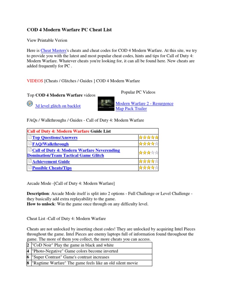 COD 4 Modern Warfare PC Cheat List | Cheating In Video Games | Video ...