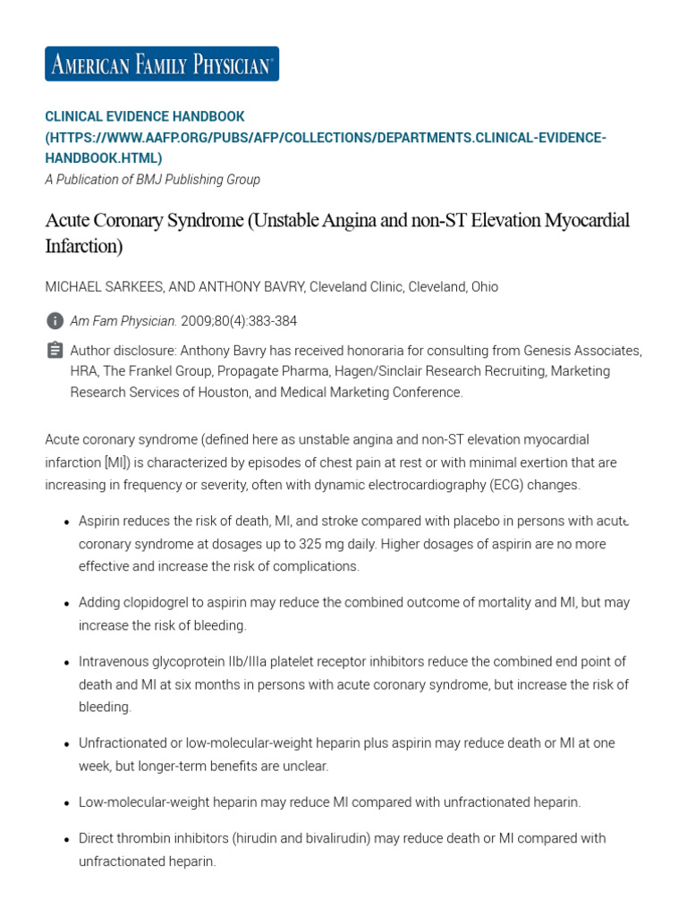 Acute Coronary Syndrome (Unstable Angina and Non-ST Elevation Myocardial Infarction) - AAFP ...