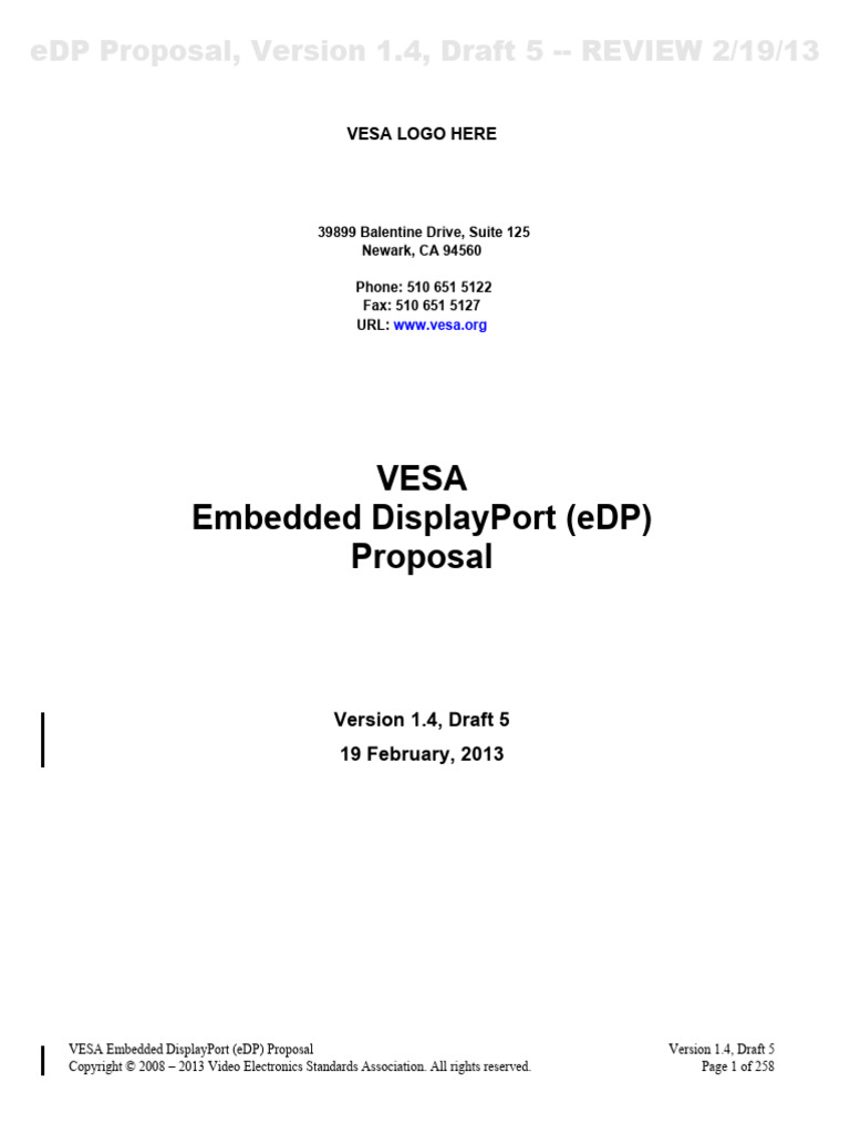 VESA显示接口技术规范 VESA Embedded DisplayPort (eDP) Proposal v1.4 | PDF ...