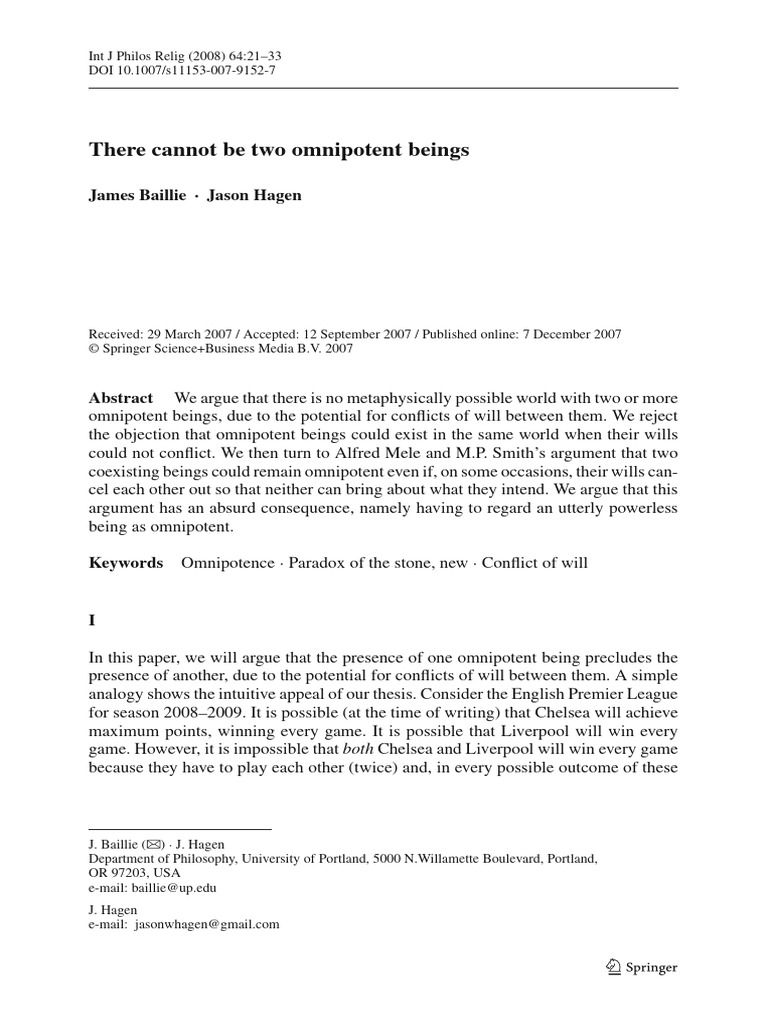 Baillie & Hagen - There Cannot Be Two Omnipotent Beings | PDF | Trinity ...