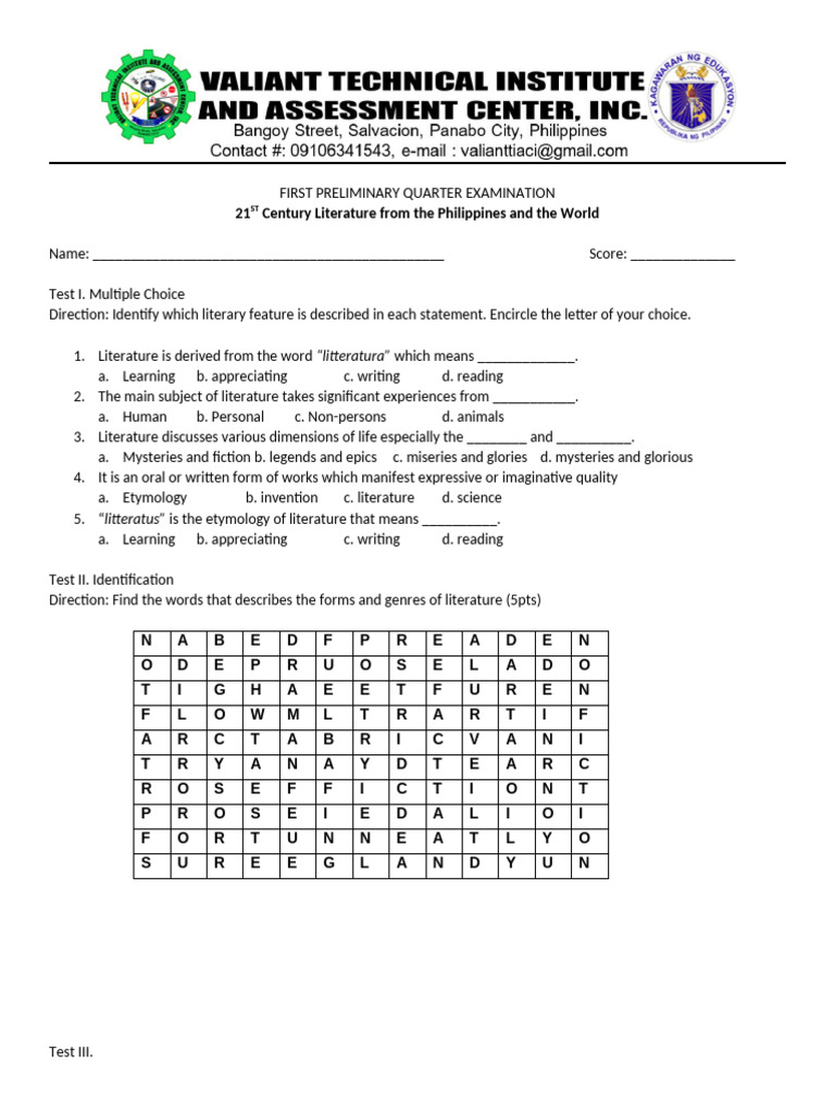 21st CL Prelim Exam | PDF | Writing