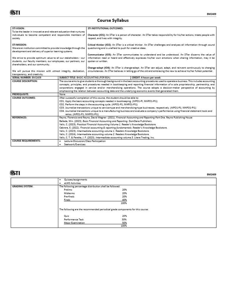 BM2409 (BSMA-BSAIS) - Syllabus and Course Outline | PDF | Debits And ...