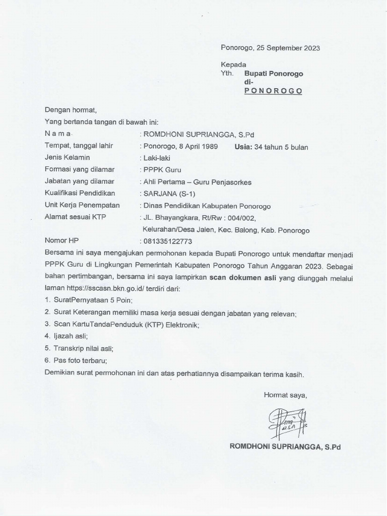 Surat Lamaran Pak - Angga | PDF