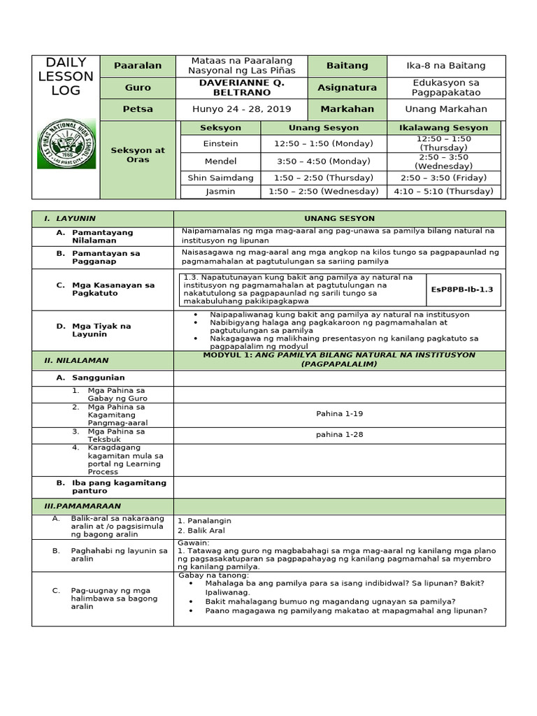 DLL - M1.3 Ang Pamilya Bilang Natural Na Institusyon | PDF DLL - M1.3 Ang Pamilya Bilang Natural Na Institusyon | PDF