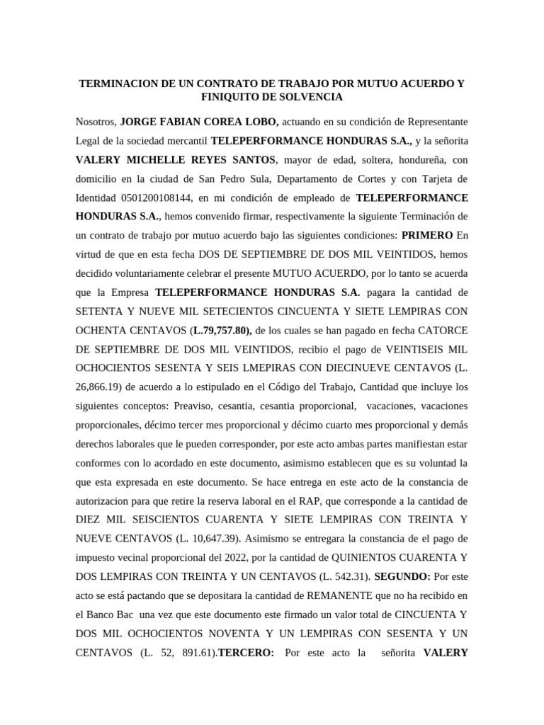 Terminacion de Un Contrato de Trabajo Por Mutuo Acuerdo y Finiquito de ...