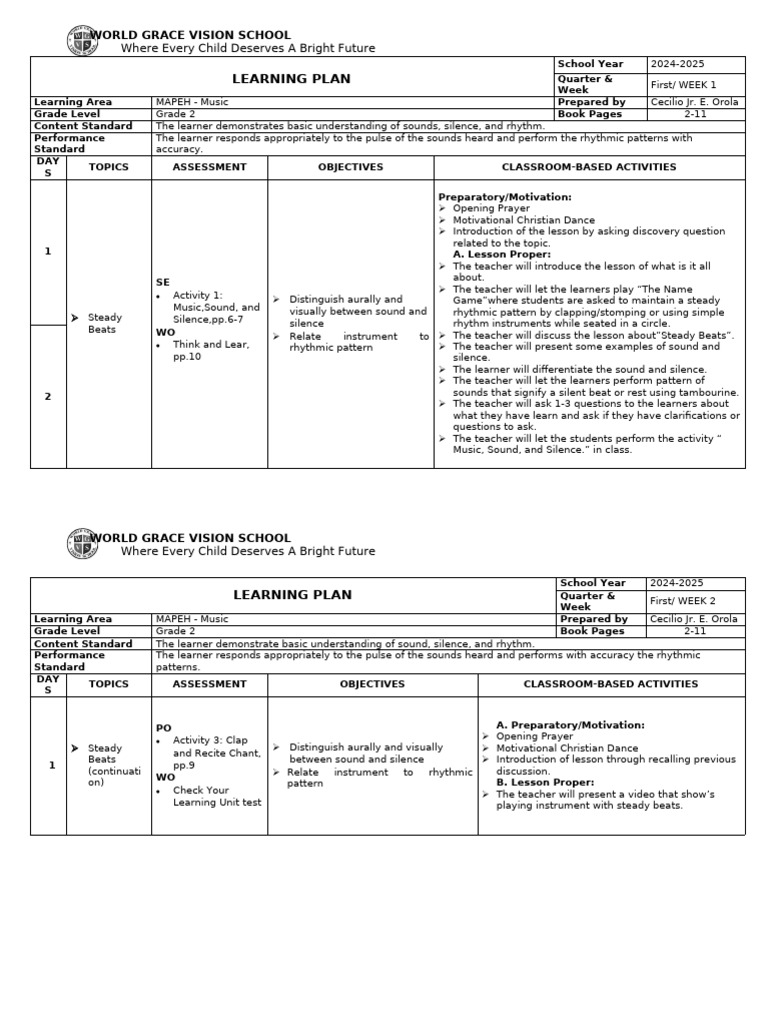 Music Learning Plan Grade 2 | PDF | Rhythm | Learning